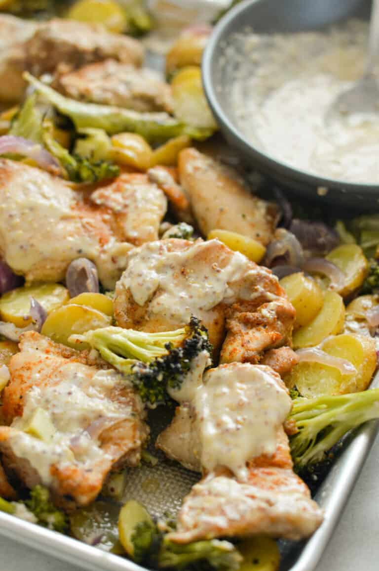 Sheet Pan Honey Mustard Chicken Thighs and Veggies - Nourished by Nic