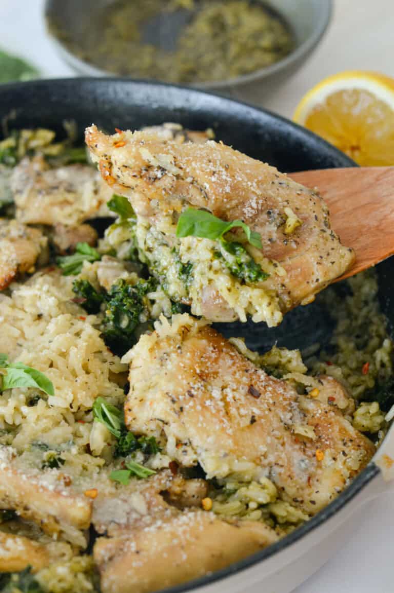 One Pan Chicken Thighs and Pesto Rice - Nourished by Nic